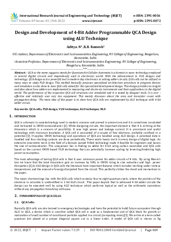 Pdf Design And Development Of 4 Bit Adder Programmable Qca Design