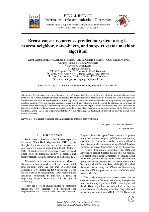 Pdf Breast Cancer Recurrence Prediction System Using K Nearest Neighbor Naïve Bayes And