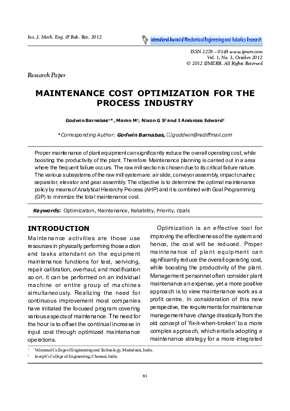 (PDF) Maintenance Cost Optimization for the Process Industry