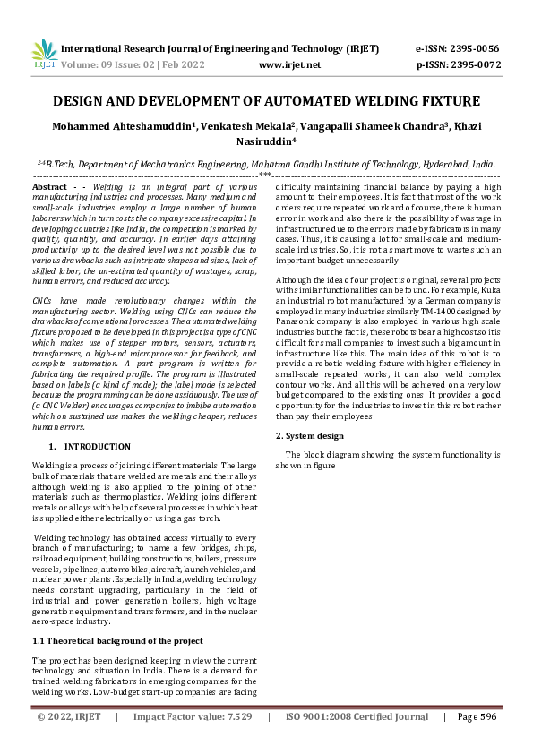 (PDF) DESIGN AND DEVELOPMENT OF AUTOMATED WELDING FIXTURE