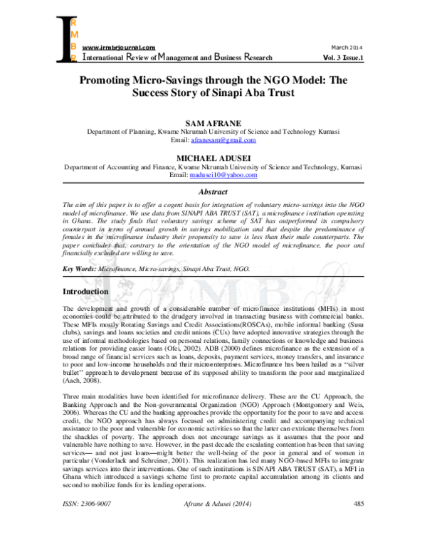 (PDF) R Promoting Micro-Savings through the NGO Model: The Success Story of Sinapi Aba Trust