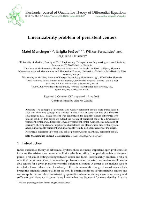 (PDF) Linearizability problem of persistent centers