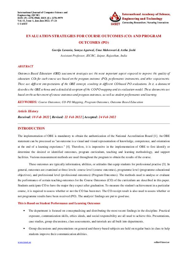 (PDF) EVALUATION STRATEGIES FOR COURSE OUTCOMES (CO) AND PROGRAM ...