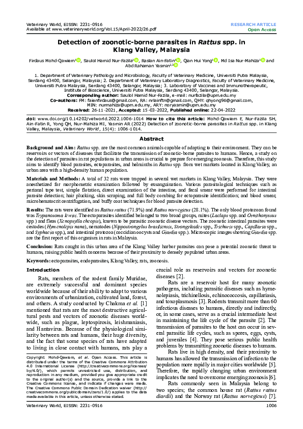 (PDF) Detection of zoonotic-borne parasites in Rattus spp. in Klang ...