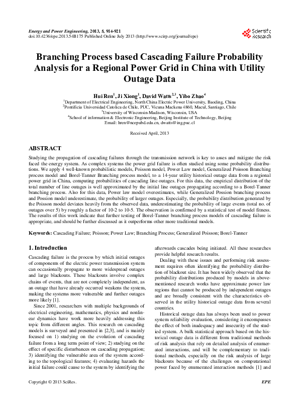 (PDF) Branching Process based Cascading Failure Probability Analysis for a Regional Power Grid ...