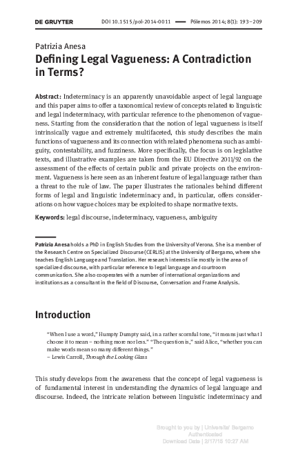 (PDF) Defining Legal Vagueness: A Contradiction in Terms?