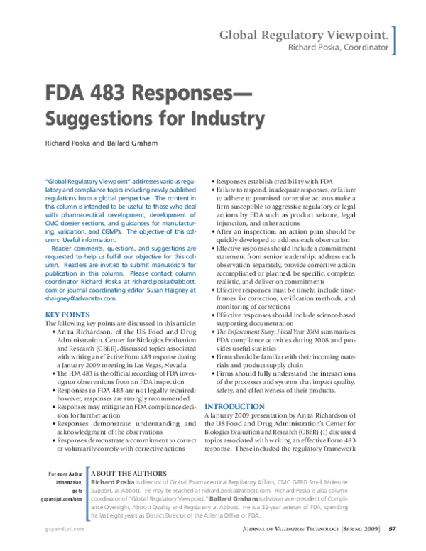 (PDF) FDA 483 Responses :Suggestions for Industry