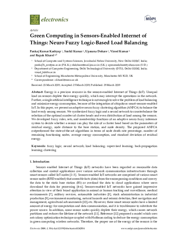 Pdf Green Computing In Sensors Enabled Internet Of Things Neuro Fuzzy Logic Based Load Balancing