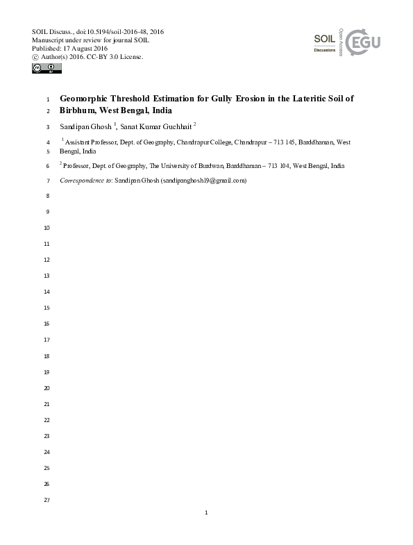 (PDF) Geomorphic Threshold Estimation for Gully Erosion in the ...
