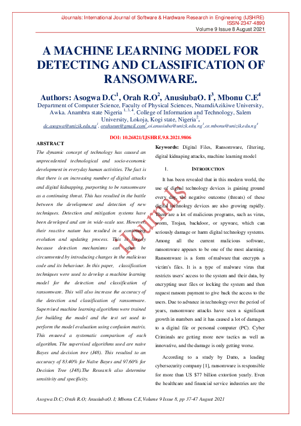 Pdf A Machine Learning Model For Detecting And Classification Of Ransomware