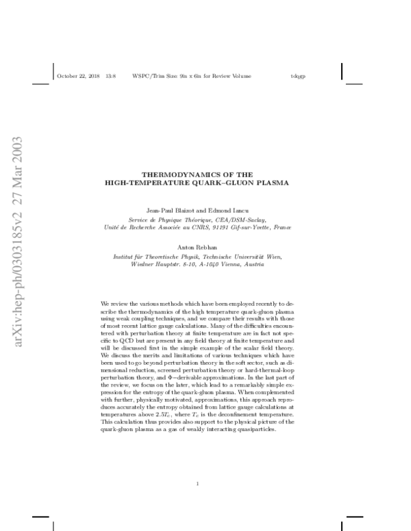 (PDF) Thermodynamics of the High-Temperature Quark–Gluon Plasma | Edmond Iancu - Academia.edu