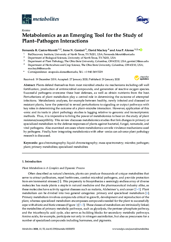 (PDF) Metabolomics as an Emerging Tool for the Study of Plant–Pathogen Interactions