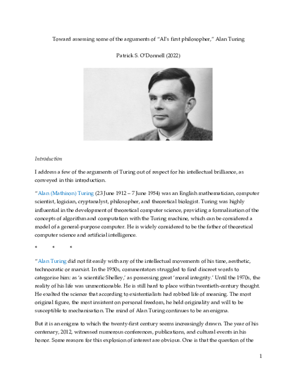 (PDF) Toward assessing some of the arguments of "AI's first philosopher," Alan Turing
