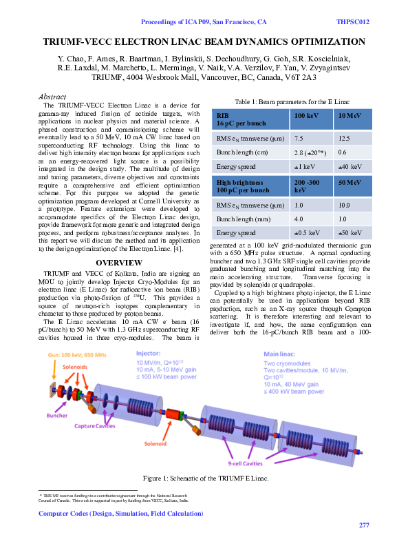 (PDF) TRIUMF-VECC electron linac beam dynamics optimization
