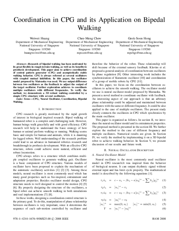 (PDF) Coordination in CPG and its application on bipedal walking | Geok ...
