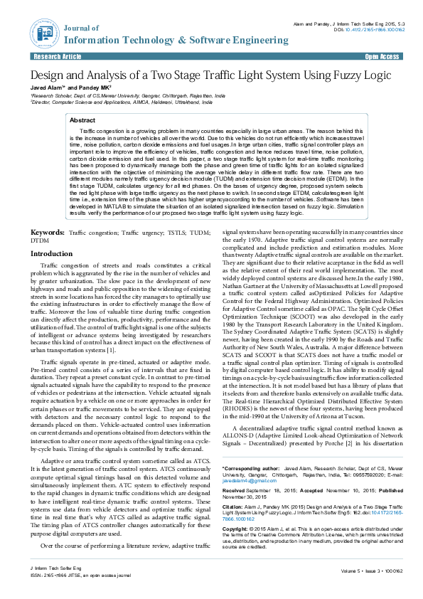Pdf Design And Analysis Of A Two Stage Traffic Light System Using Fuzzy Logic