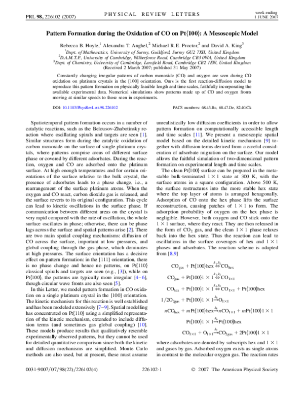 (PDF) Pattern Formation during the Oxidation of CO on Pt{100}: A ...