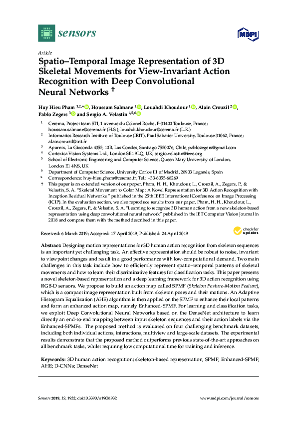 Pdf Spatio Temporal Image Representation Of 3d Skeletal Movements For View Invariant Action