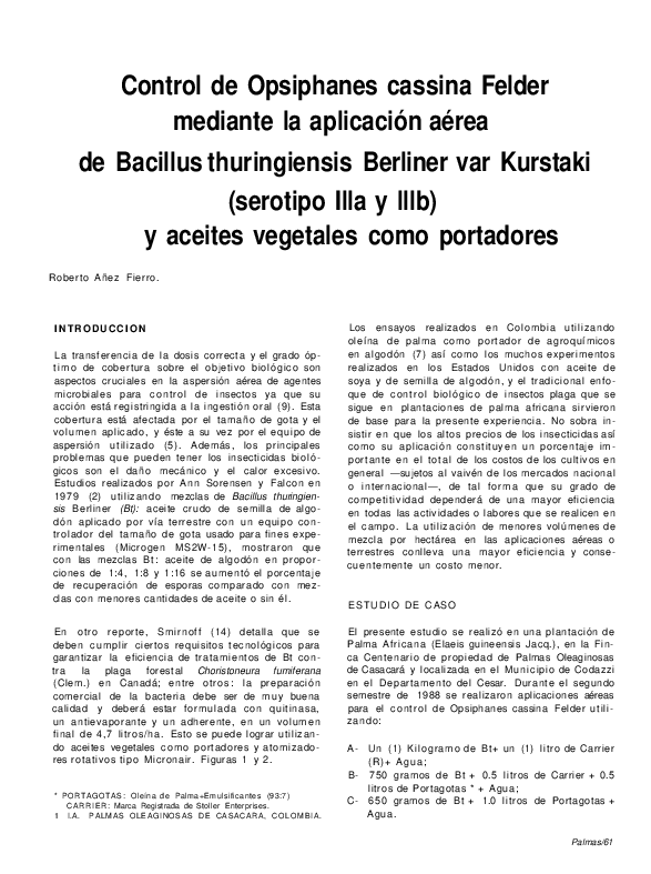 (PDF) Control de Opsiphanes cassina Felder mediante la aplicación aérea de Bacillus ...