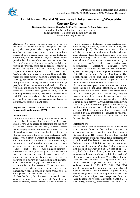 (PDF) LSTM Based Mental Stress Level Detection using Wearable Sensor ...