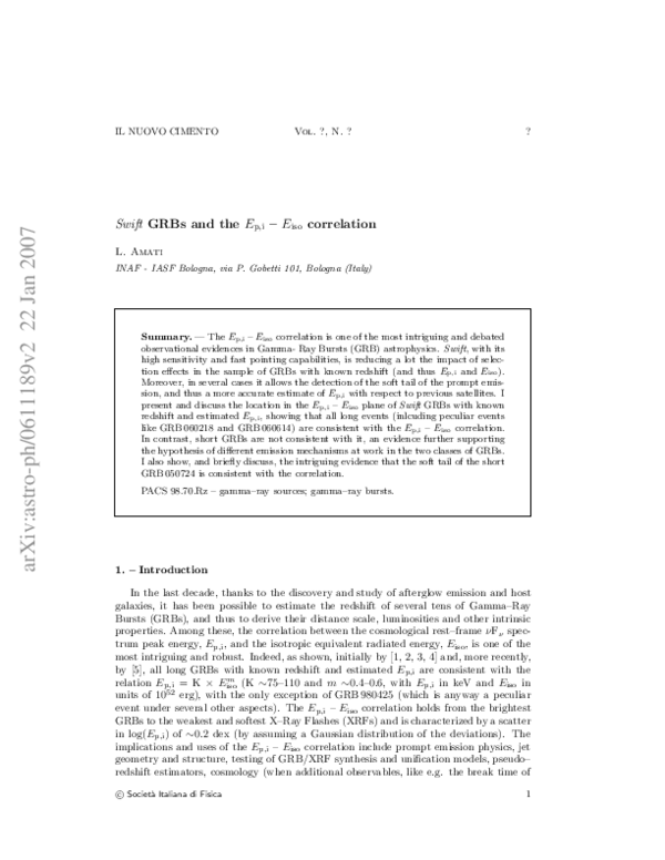 (PDF) Swift GRBs and the Ep,i - Eiso correlation