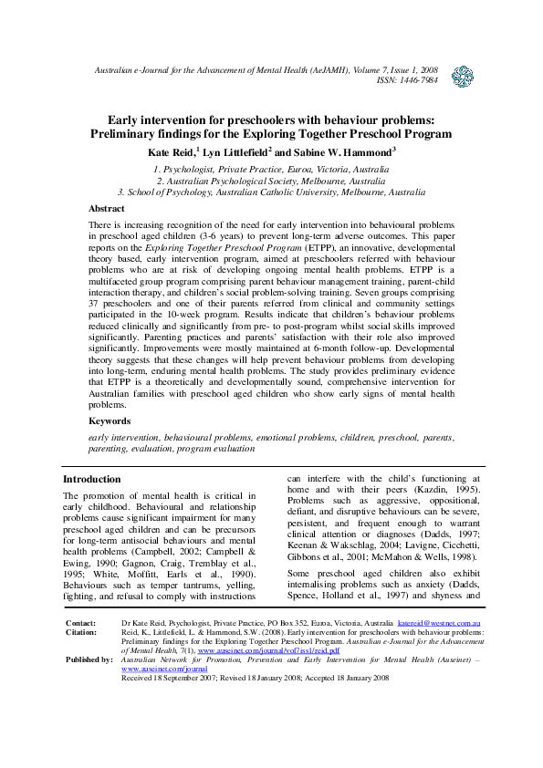 (PDF) Early intervention for preschoolers with behaviour problems ...