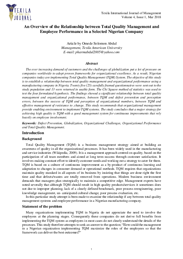 (PDF) An Overview of the Relationship between Total Quality Management and Employee Performance ...