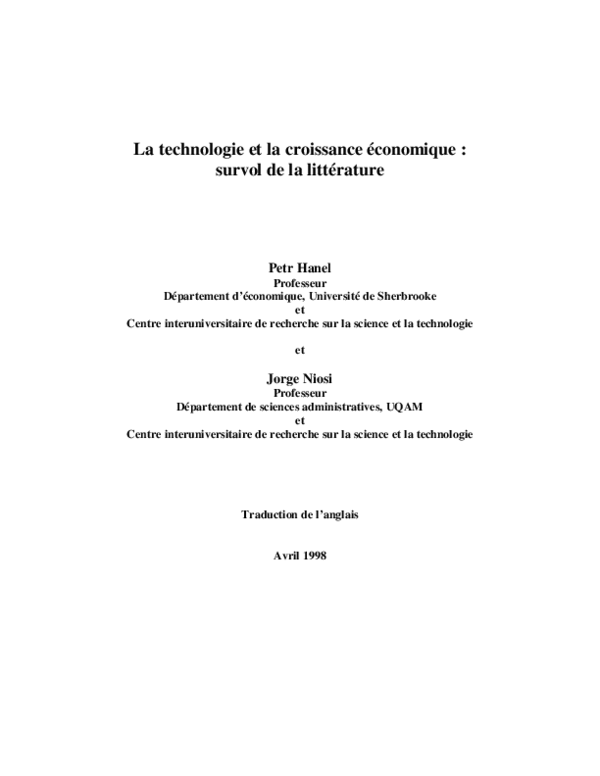 (PDF) La technologie et la croissance conomique : survol de la litt rature