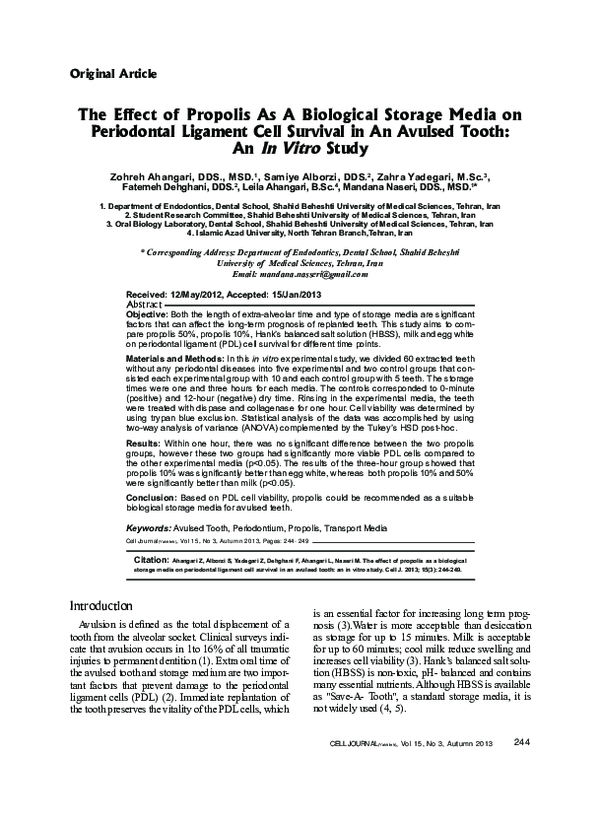 (PDF) The effect of propolis as a biological storage media on ...