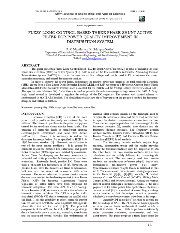 (PDF) Fuzzy Logic Control Based Three Phase Shunt Active Filter for Power Quality Improvement in ...