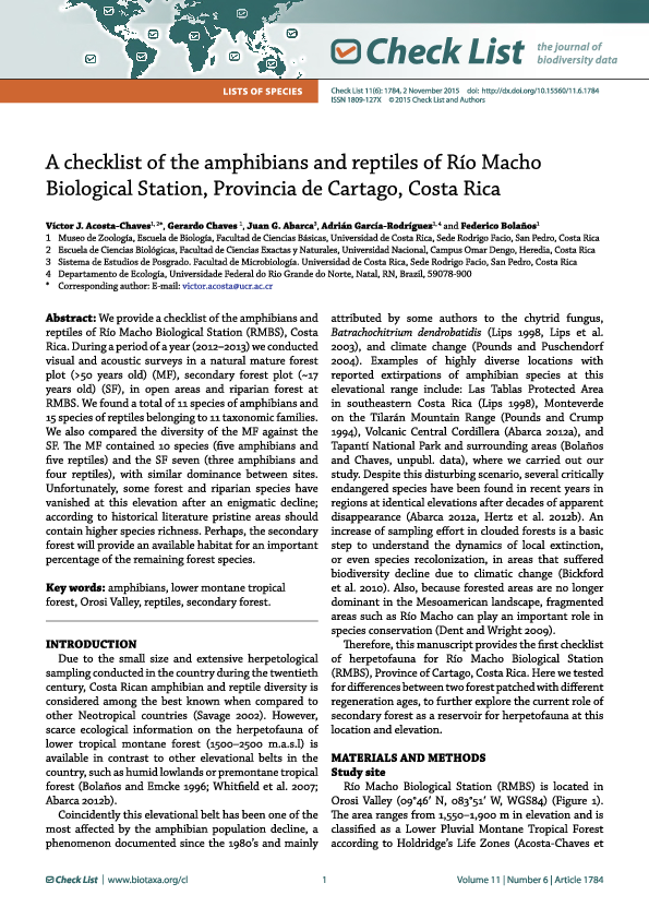 (PDF) A checklist of the amphibians and reptiles of Río Macho ...