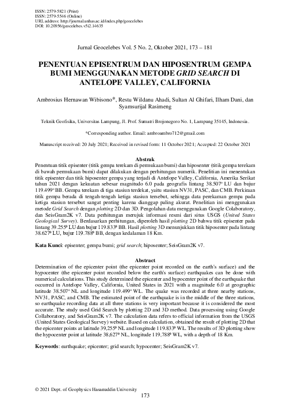 (PDF) Penentuan Episentrum dan Hiposentrum Gempa Bumi Menggunakan Metode Grid Search di Antelope ...