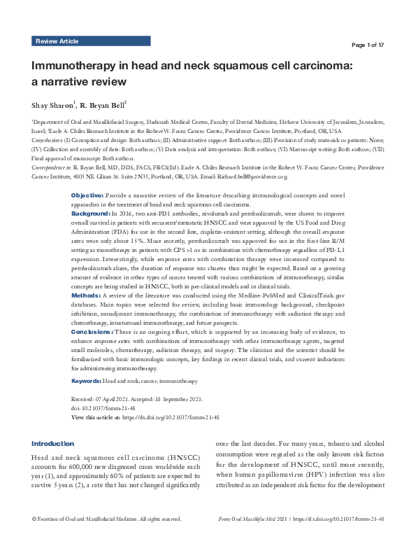 (PDF) Immunotherapy in head and neck squamous cell carcinoma: a narrative review