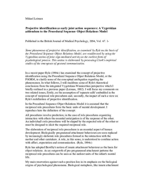 Projective Identification As Early Joint Action Sequences A Vygotskian