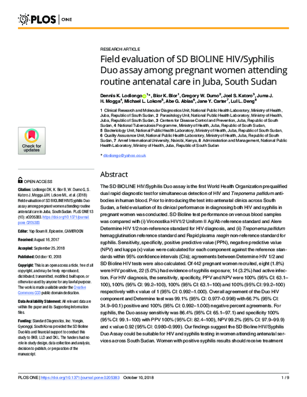 (PDF) Field evaluation of SD BIOLINE HIV/Syphilis Duo assay among ...