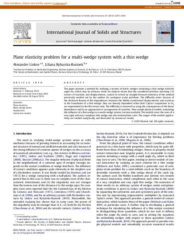 (PDF) Plane elasticity problem for a multi-wedge system with a thin wedge