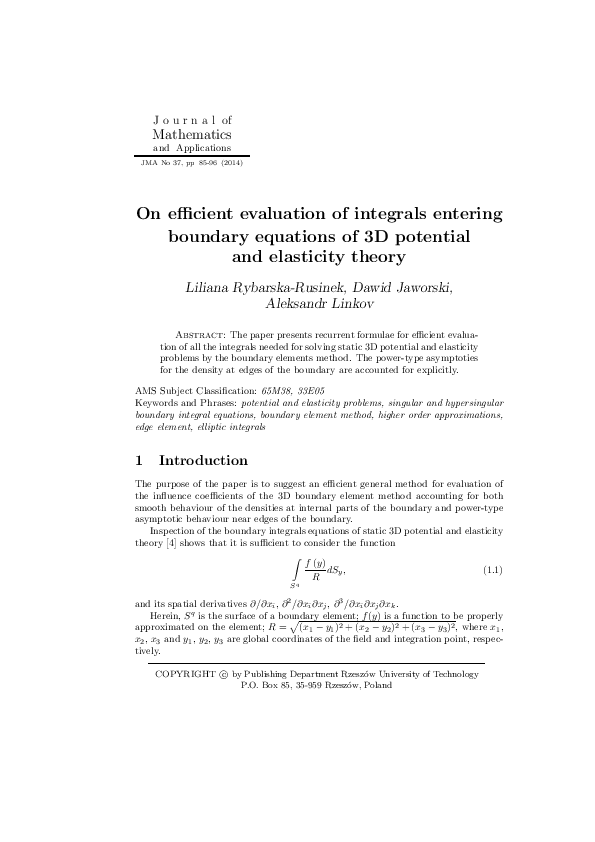 (PDF) On efficient evaluation of integrals entering boundary equations of 3D potential and ...