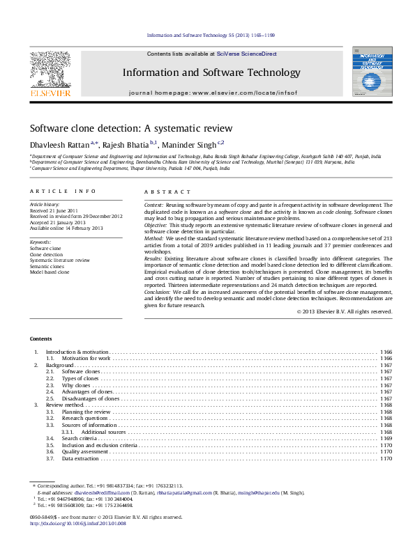 Pdf Software Clone Detection A Systematic Review Dhavleesh Rattan 