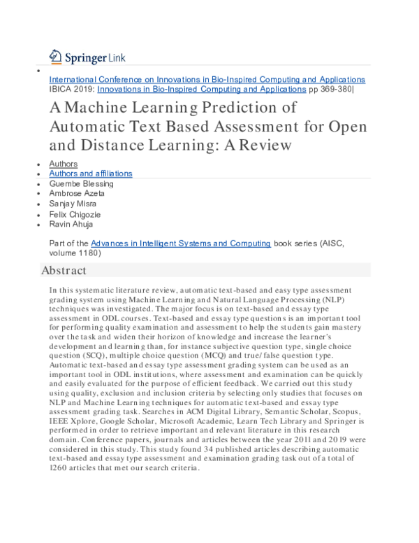 (PDF) A Machine Learning Prediction of Automatic Text Based Assessment ...
