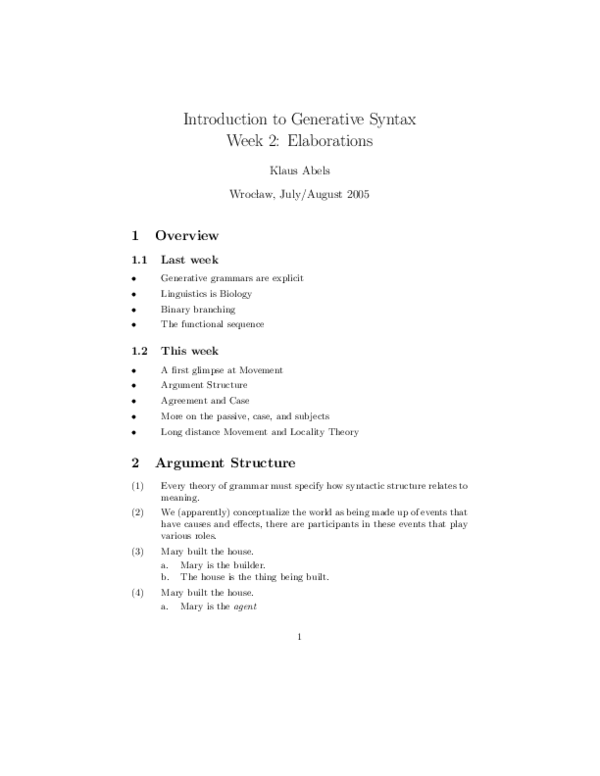 Pdf Introduction To Generative Syntax Week 2 Elaborations