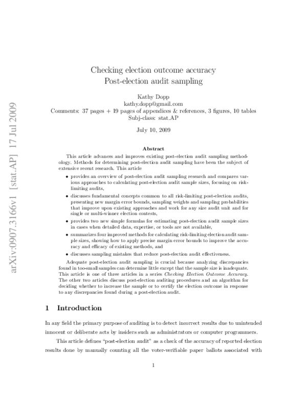 (PDF) Checking election outcome accuracy Post-election audit sampling