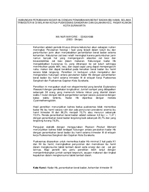 (PDF) HUBUNGAN PERUBAHAN KADAR Hb DENGAN PENAMBAHAN BERAT BADAN IBU HAMIL SELAMA TRIMESTER III ...
