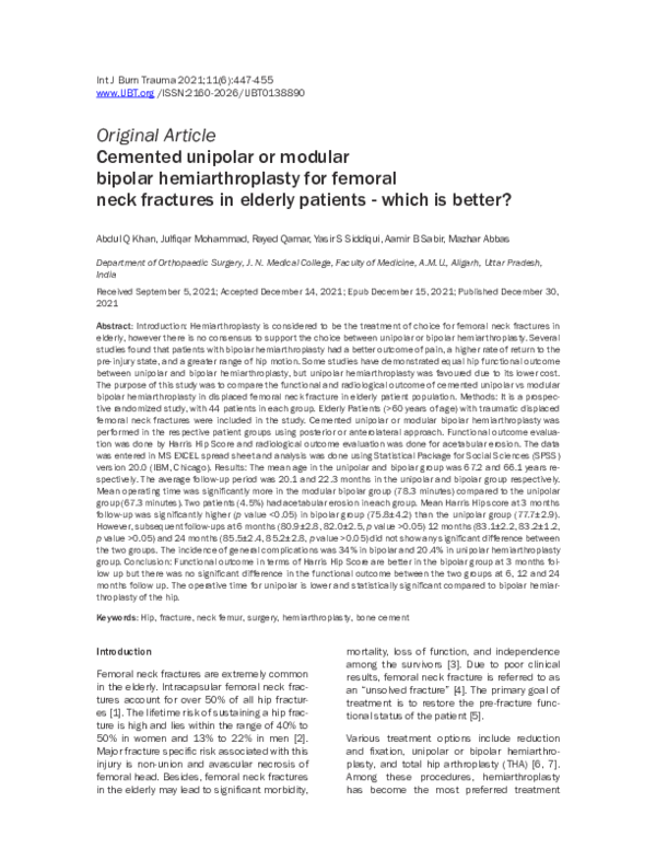 (PDF) Cemented unipolar or modular bipolar hemiarthroplasty for femoral ...