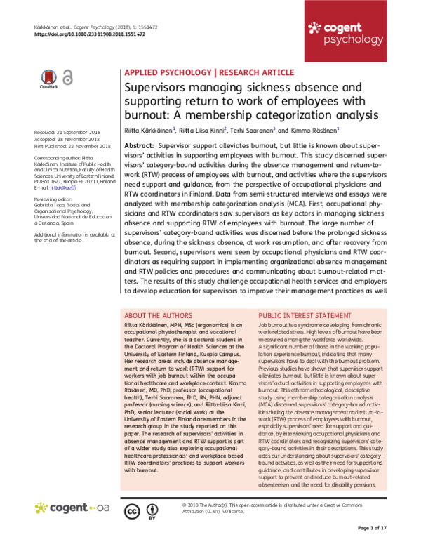 (PDF) Supervisors managing sickness absence and supporting return to ...