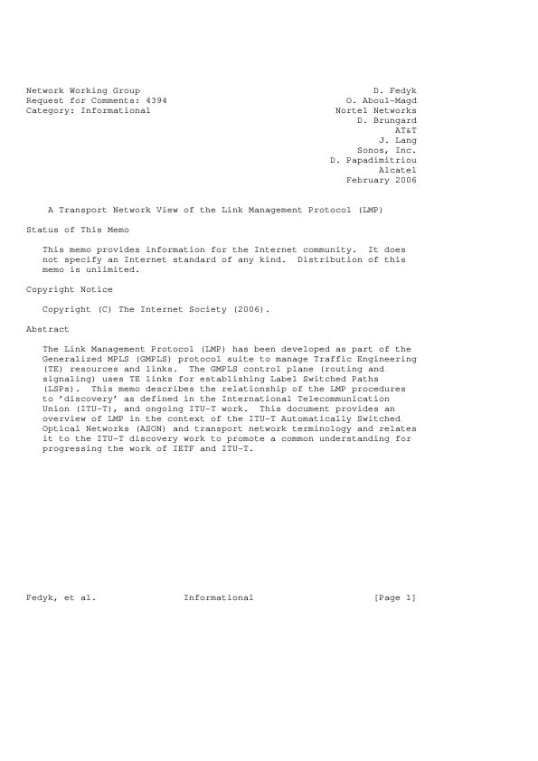 (PDF) A Transport Network View of the Link Management Protocol (LMP)