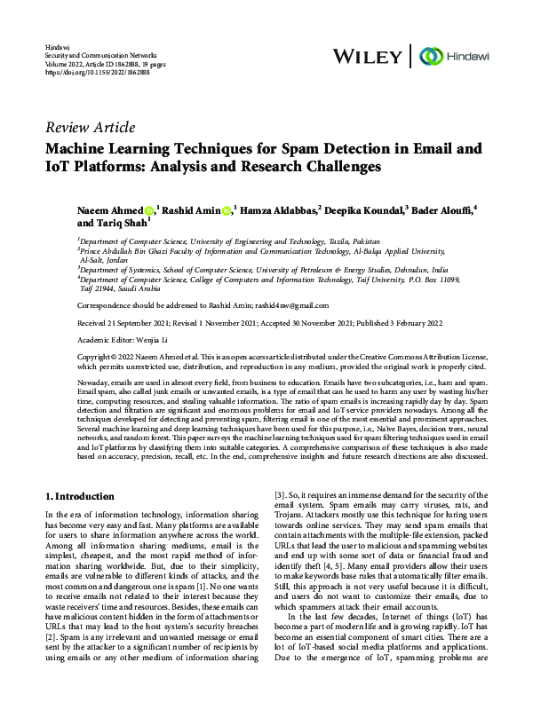 (PDF) Machine Learning Techniques for Spam Detection in Email and IoT Platforms: Analysis and ...