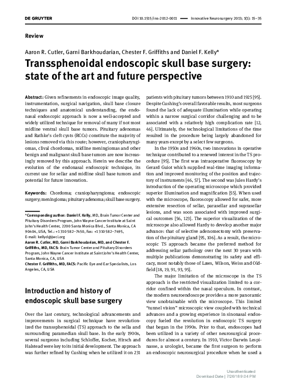 (PDF) Transsphenoidal endoscopic skull base surgery: state of the art and future perspective