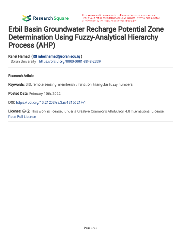 (PDF) Erbil Basin Groundwater Recharge Potential Zone Determination Using Fuzzy-Analytical ...