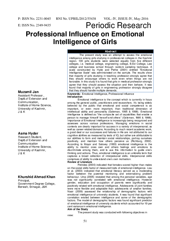 (PDF) Professional Influence on Emotional Intelligence of Girls Asma Hyder