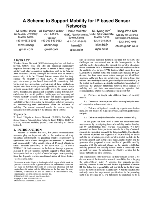 Pdf A Scheme To Support Mobility For Ip Based Sensor Networks